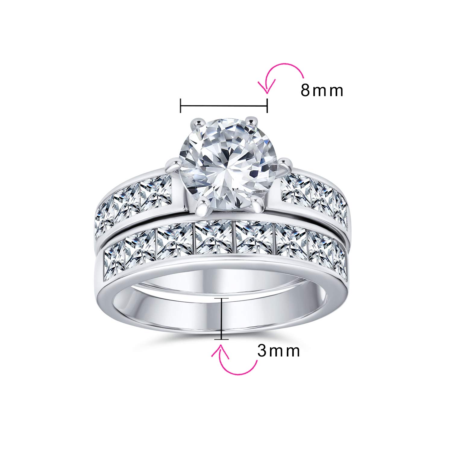 Personalize Traditional 3CT Simple Round Solitaire Brilliant Cut AAA CZ Side Stone Princess Cut Band Anniversary Engagement Wedding Ring Set For Women .925 Sterling Silver Customizable