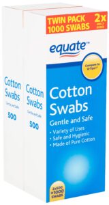 equate cotton swabs twin pack, 1000 count (2x 500 count) - 1 pack (for ears, beauty, makeup, babies, dogs, pets, auto detailing, cleaning, and more)