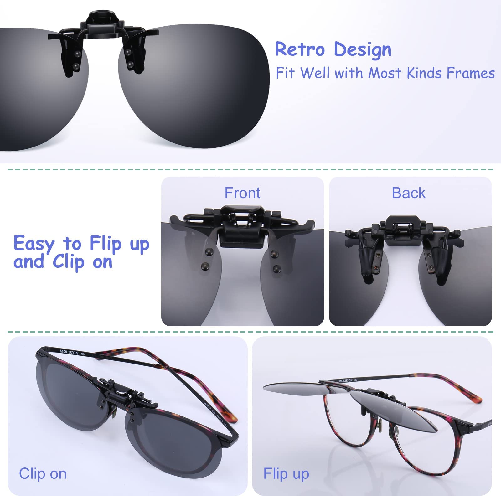 Costyle Black Grey Retro Polarized Clip on Flip up Plastic Sunglasses Driving Fishing Traveling