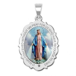 picturesongold.com sterling silver scalloped virgin mary catholic oval miraculous medal necklace pendant for women (sterling silver - 1/2 inch x 2/3 inch)