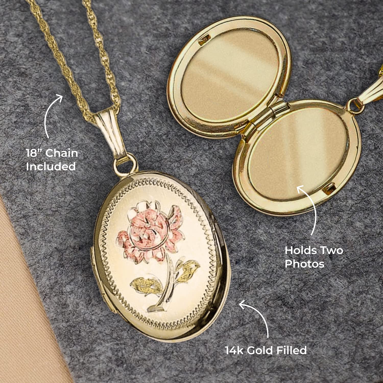 PicturesOnGold.com Personalized 14K Gold Filled Rose Oval Locket Custom Photo Necklace for Women and Men 3/4 Inch X 1 Inch (Locket Only)