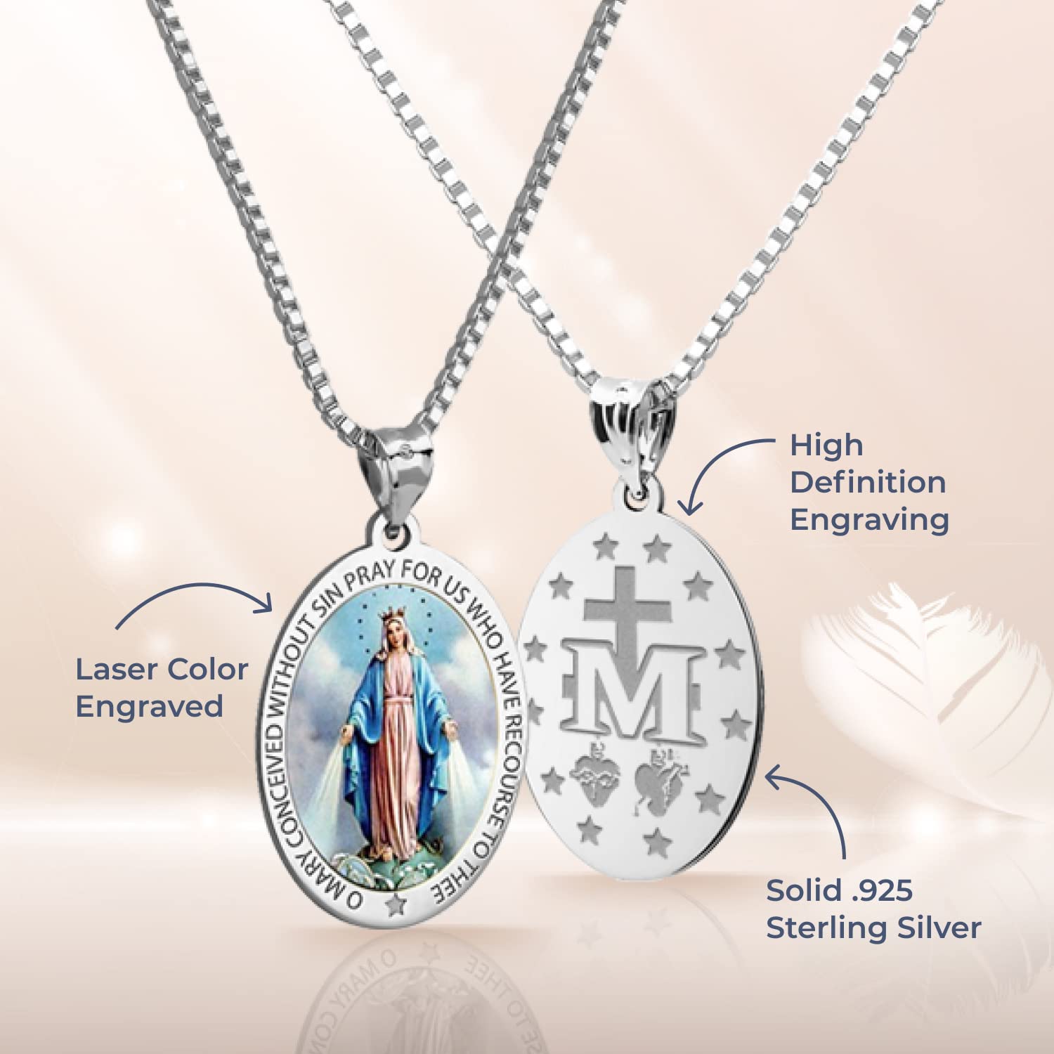 PicturesOnGold.com Sterling Silver Virgin Mary Catholic Oval Miraculous Medal Necklace Pendant for Women (Sterling Silver - 2/3 Inch X 3/4 Inch)