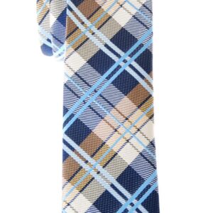 Retreez Elegant Plaid Check Woven Microfiber Skinny Tie - Navy Blue and Khaki