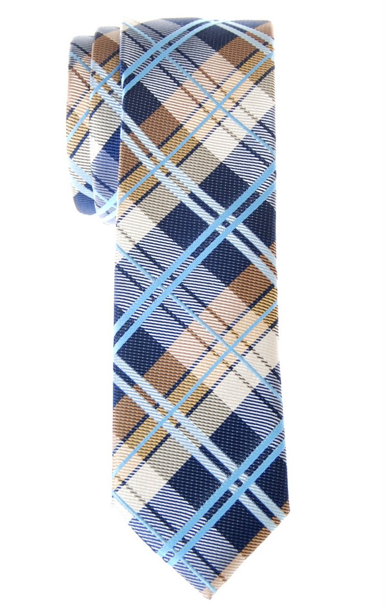 Retreez Elegant Plaid Check Woven Microfiber Skinny Tie - Navy Blue and Khaki