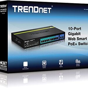 TRENDnet 10-Port Gigabit Web Smart PoE+ Switch, 8 x PoE+ Gigabit Ports, 2 x Gigabit Ethernet Ports, 2 x Shared SFP Slots, 75W Total Power Budget, Rack Mountable, Lifetime Protection, Black, TPE-1020WS