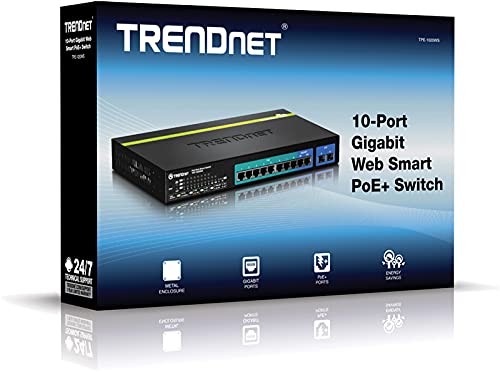 TRENDnet 10-Port Gigabit Web Smart PoE+ Switch, 8 x PoE+ Gigabit Ports, 2 x Gigabit Ethernet Ports, 2 x Shared SFP Slots, 75W Total Power Budget, Rack Mountable, Lifetime Protection, Black, TPE-1020WS