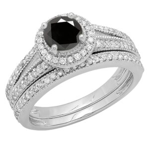 dazzlingrock collection 1.25 carat (ctw) round black & white diamond halo split shank wedding ring set for women in 14k white gold, size 8