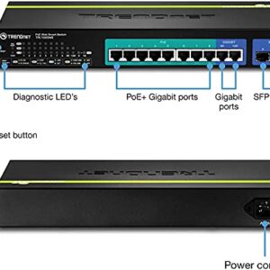 TRENDnet 10-Port Gigabit Web Smart PoE+ Switch, 8 x PoE+ Gigabit Ports, 2 x Gigabit Ethernet Ports, 2 x Shared SFP Slots, 75W Total Power Budget, Rack Mountable, Lifetime Protection, Black, TPE-1020WS