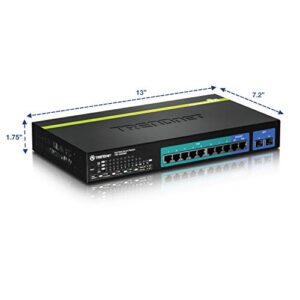 TRENDnet 10-Port Gigabit Web Smart PoE+ Switch, 8 x PoE+ Gigabit Ports, 2 x Gigabit Ethernet Ports, 2 x Shared SFP Slots, 75W Total Power Budget, Rack Mountable, Lifetime Protection, Black, TPE-1020WS