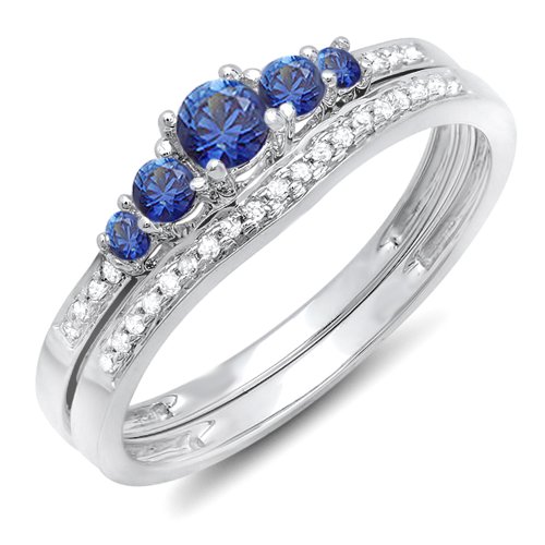 Dazzlingrock Collection 14K Blue Sapphire & White Diamond Women 5 Stone Bridal Engagement Ring Set, White Gold, Size 7