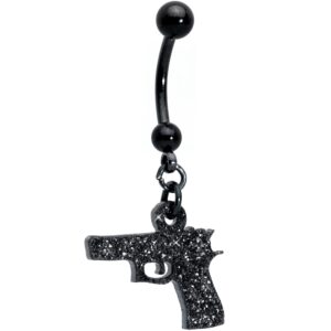 body candy black glitter gun dangle belly button ring