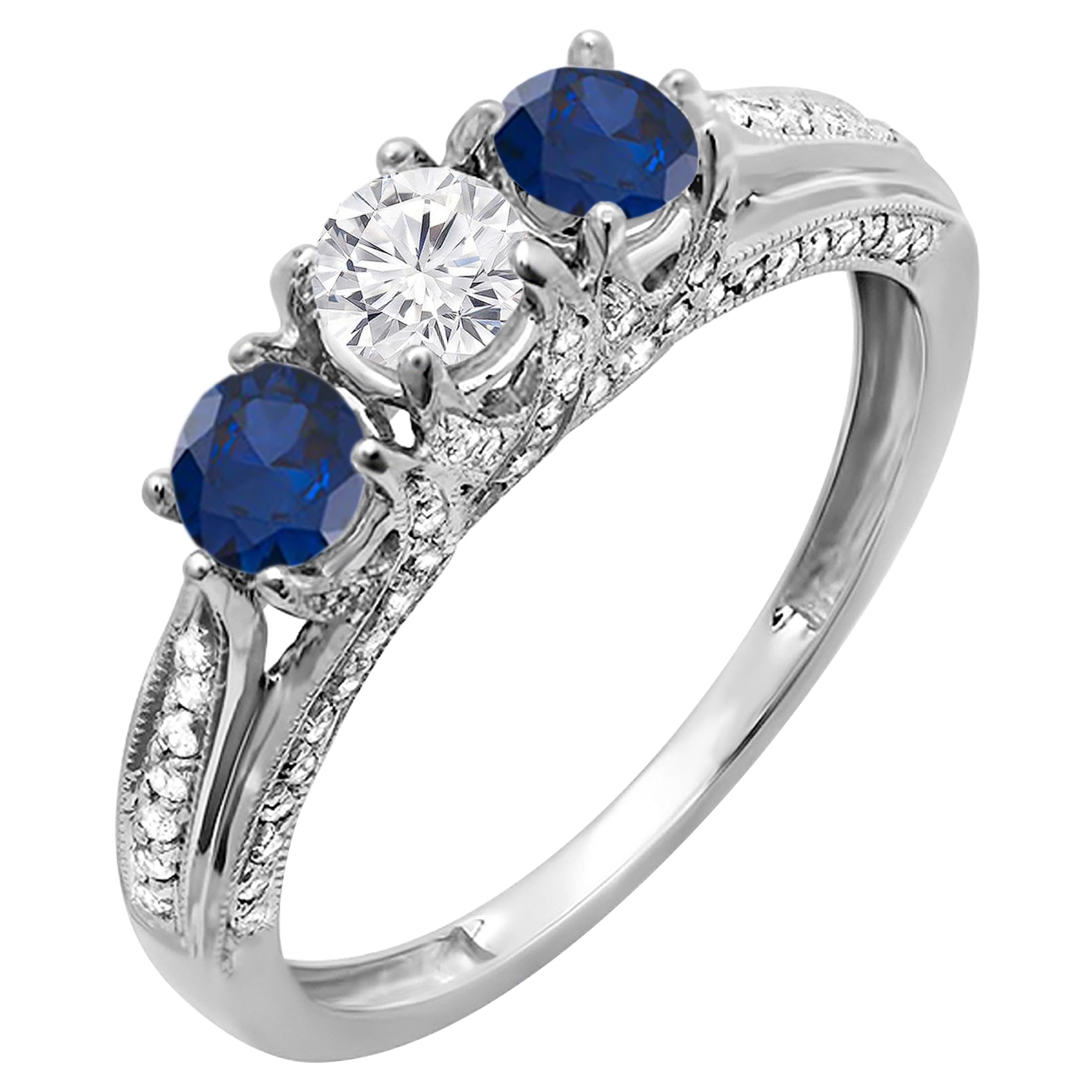 Dazzlingrock Collection Round Blue Sapphire & White Diamond 3 Stone Wedding Ring for Women in 14K White Gold Size 7.5