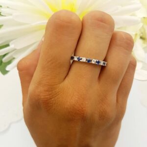 Dazzlingrock Collection 14K Blue Sapphire And White Diamond Eternity Sizeable Stackable Ring Wedding Band, White Gold, Size 7.5