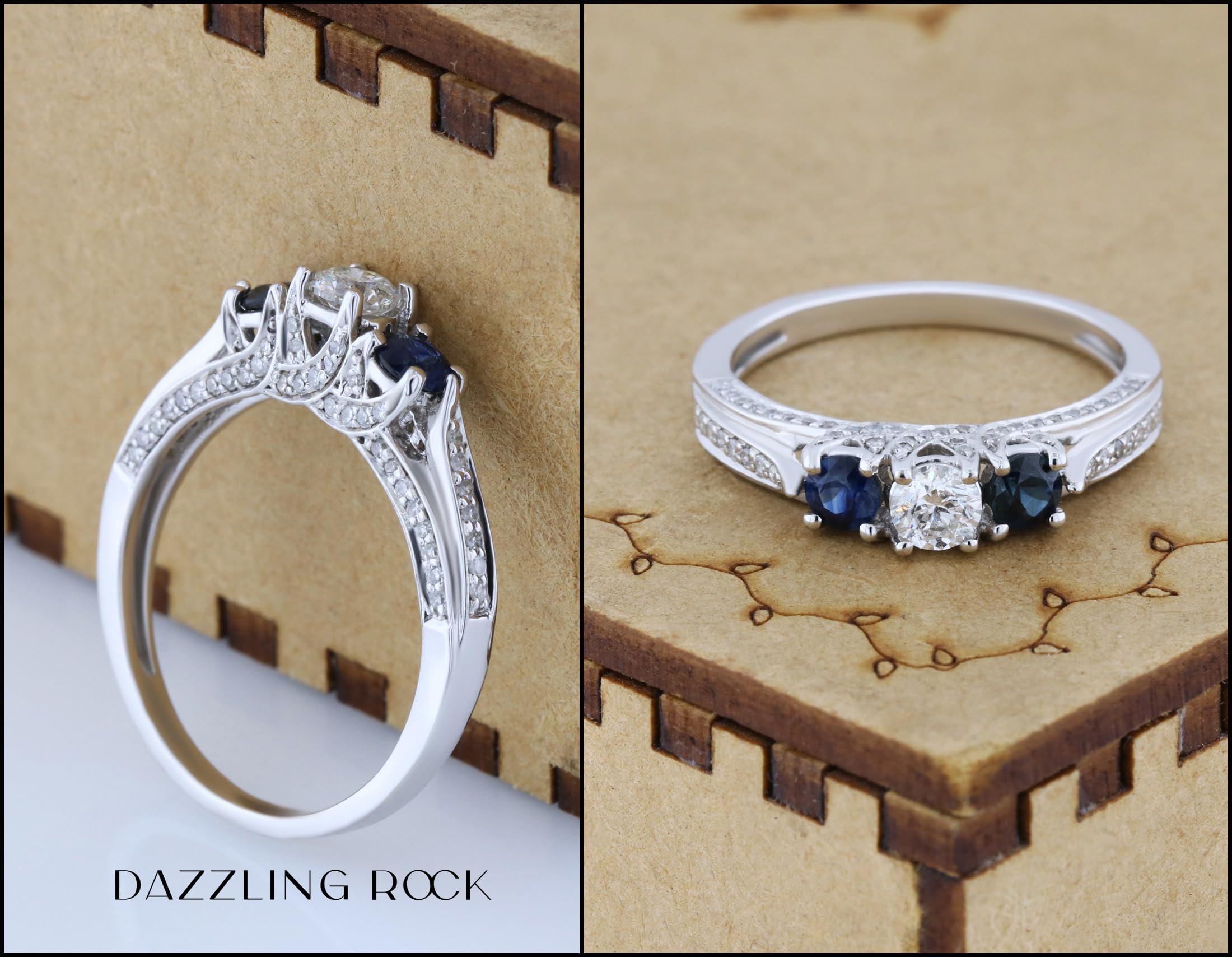 Dazzlingrock Collection Round Blue Sapphire & White Diamond 3 Stone Wedding Ring for Women in 14K White Gold Size 7.5