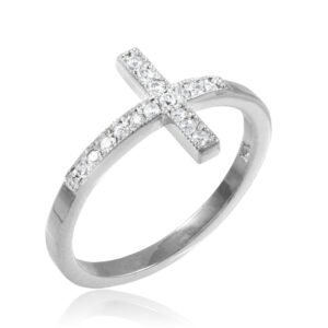 10k white gold 1/8 cttw white diamond milgrain edged sideways cross statement ring (j-k color, i1-i2 clarity) - size 7-1/4