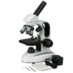 amscope m158b-2l cordless compound monocular microscope, wf10x and wf20x eyepieces, 40x-800x magnification, upper and lower led illumination with rheostat, brightfield, single-lens condenser, coaxial coarse and fine focus, plain stage, 110v or battery-pow