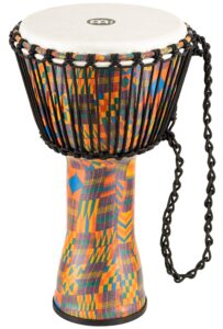 meinl percussion travel djembe hand drum circle instrument, synthetic shell and head — not made in china — african mali weave rope tuning, 2-year warranty, kenyan quilt, medium (padj2-m-f)