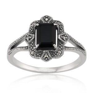 925 Sterling Silver Art Deco Black Spinel & Marcasite Ring