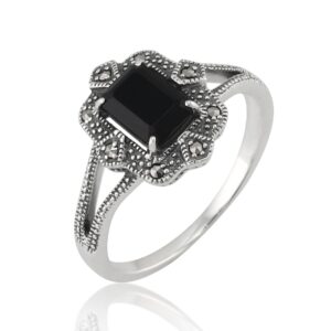 925 Sterling Silver Art Deco Black Spinel & Marcasite Ring