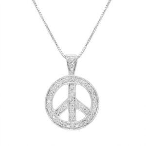 diamond peace sign pendant necklace in sterling silver on an 18in box chain | real diamond necklaces gifts for women