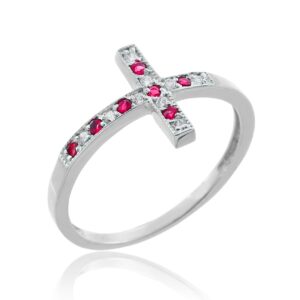 10k white gold sideways cross ruby and diamond ring (6.5)