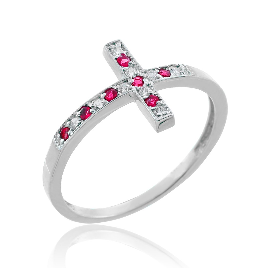 10k White Gold Sideways Cross Ruby and Diamond Ring (6.5)