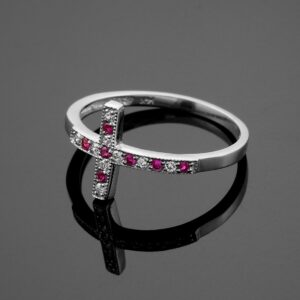 10k White Gold Sideways Cross Ruby and Diamond Ring (6.5)