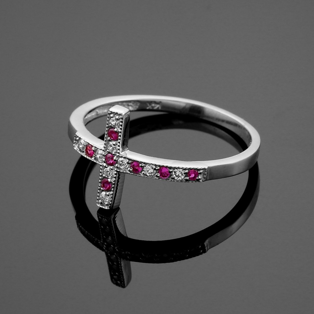 10k White Gold Sideways Cross Ruby and Diamond Ring (6.5)