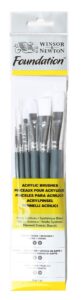 winsor & newton foundation synthetic acrylic brush set, short handle, round, filbert & flat, 6 pack