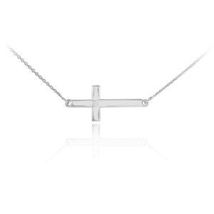 14k white gold cute sideways cross diamond necklace (18 inches)