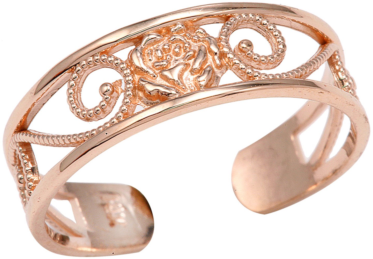 Ladies 10k Rose Gold Filigree Pink Flower Adjustable Toe Ring