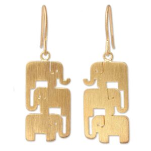 novica artisan handmade gold vermeil dangle earrings plated .925 sterling silver thailand animal themed 'elephant stack'