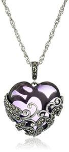 amazon essentials sterling silver oxidized genuine marcasite and amethyst colored glass filigree heart pendant necklace, 18" (previously amazon collection)