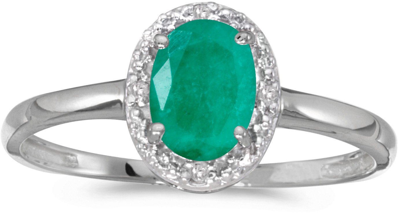 BillyTheTree Jewelry 14k White Gold Oval Emerald And Diamond Ring (Size 5.5)