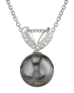 the pearl source 14k gold 12-13mm round black tahitian south sea cultured pearl & diamond belissima pendant necklace for women