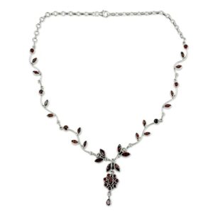 novica artisan handmade garnet flower necklace floral jewelry sterling silver red pendant india birthstone romantic [14.25 in min l x 17.25 in max l x 0.4 in w pendant(s) 1.7 in l x 0.5 in w x 0.2 i]