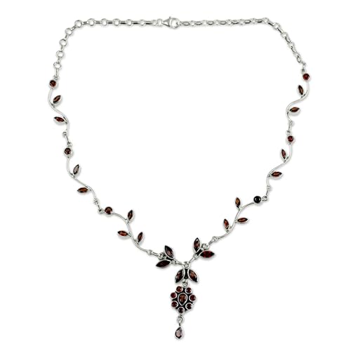 NOVICA Artisan Handmade Garnet Flower Necklace Floral Jewelry Sterling Silver Red Pendant India Birthstone Romantic [14.25 in min L x 17.25 in max L x 0.4 in W Pendant(s) 1.7 in L x 0.5 in W x 0.2 I]