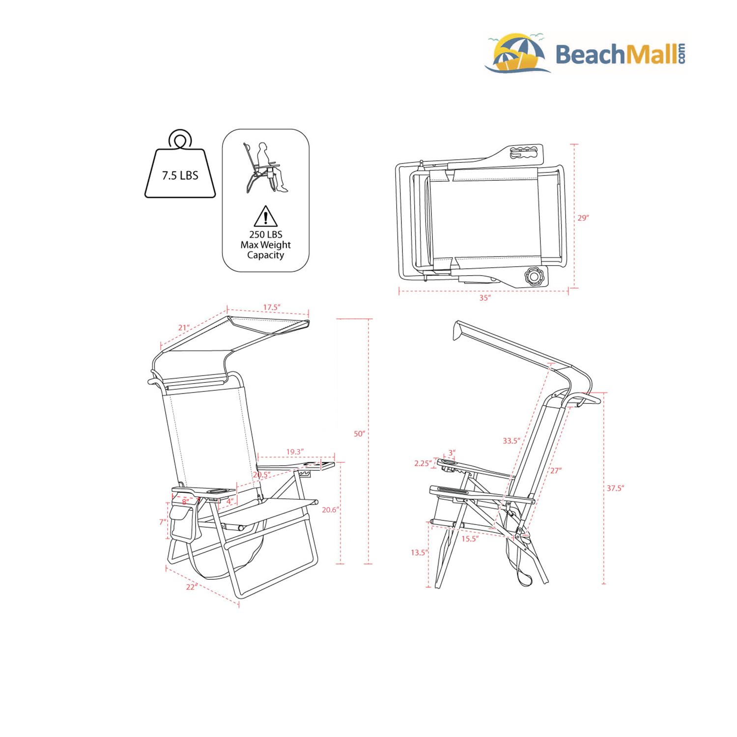 Deluxe 4 Reclining Positions Lightweight High Aluminum Beach Chair with Canopy Shade for Adults, Drink Holder, Storage Pouch