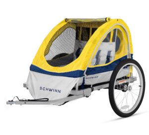 schwinn echo child bike trailer, max of 2 children with total weight of 80 lbs., canopy, 20-inch air-filled tires, yellow/grey