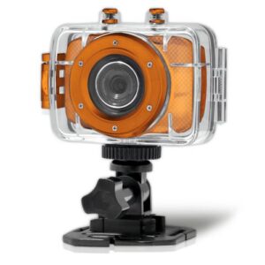 Pyle Mini HD Sports Action Camera - Camcorder w/ 5.0 MP Camera, 2" Touch Screen, USB SD Card, Rechargeable Battery - Waterproof Case, Bike Handle bar, Helmet Mount, Car Charger PSCHD30OR (Orange)