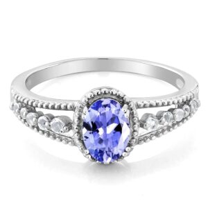 1.00 ct natural oval tanzanite and white topaz 925 sterling silver women's ring, ring size 7