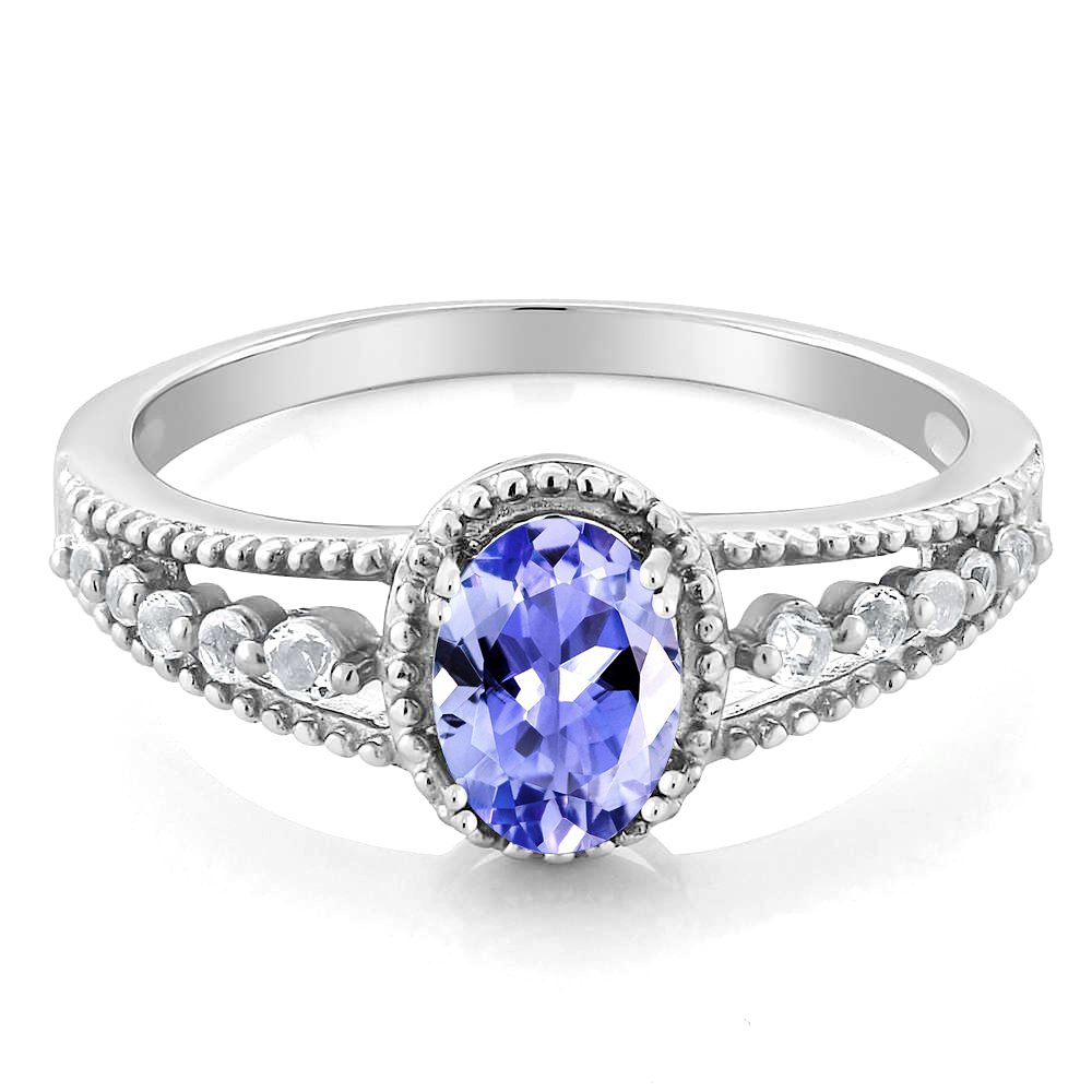 1.00 Ct Natural Oval Tanzanite and White Topaz 925 Sterling Silver Women's Ring, ring size 7