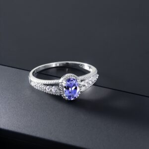 1.00 Ct Natural Oval Tanzanite and White Topaz 925 Sterling Silver Women's Ring, ring size 7