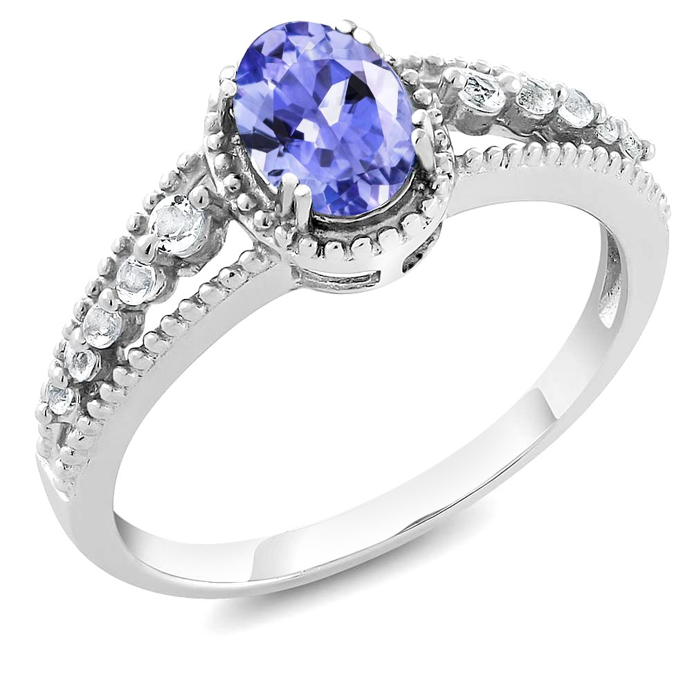 1.00 Ct Natural Oval Tanzanite and White Topaz 925 Sterling Silver Women's Ring, ring size 7