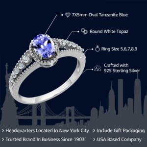 1.00 Ct Natural Oval Tanzanite and White Topaz 925 Sterling Silver Women's Ring, ring size 7