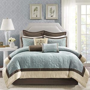 madison park cozy comforter set casual modern design all season, matching bed skirt, decorative pillows, queen(92"x96"), blue, 9 piece (mp10-458)