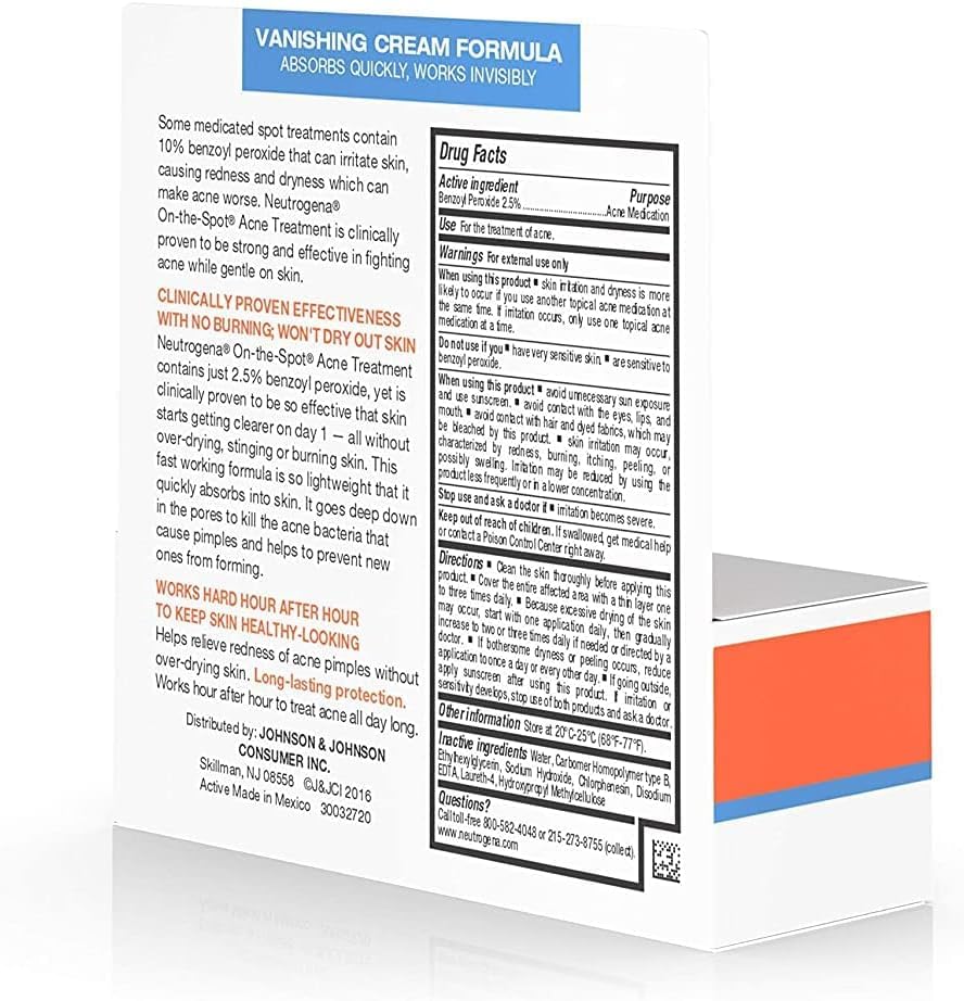 Neutrogena On-The-Spot Acne Spot Treatment with 2.5% Benzoyl Peroxide Acne Treatment Medicine to Treat Face Acne, Gentle Benzoyl Peroxide Pimple Gel for Acne Prone Skin,.75 oz (Pack of 2)