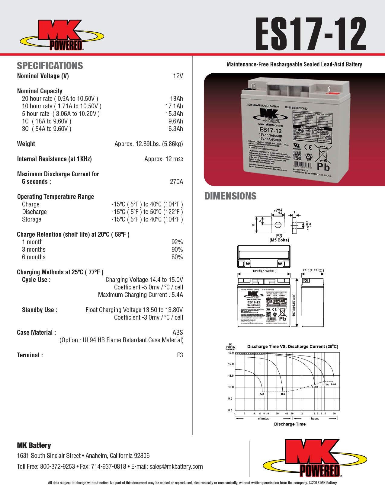 MK Battery ES17-12 Maintenance-Free Rechargeable Sealed Lead-Acid Battery