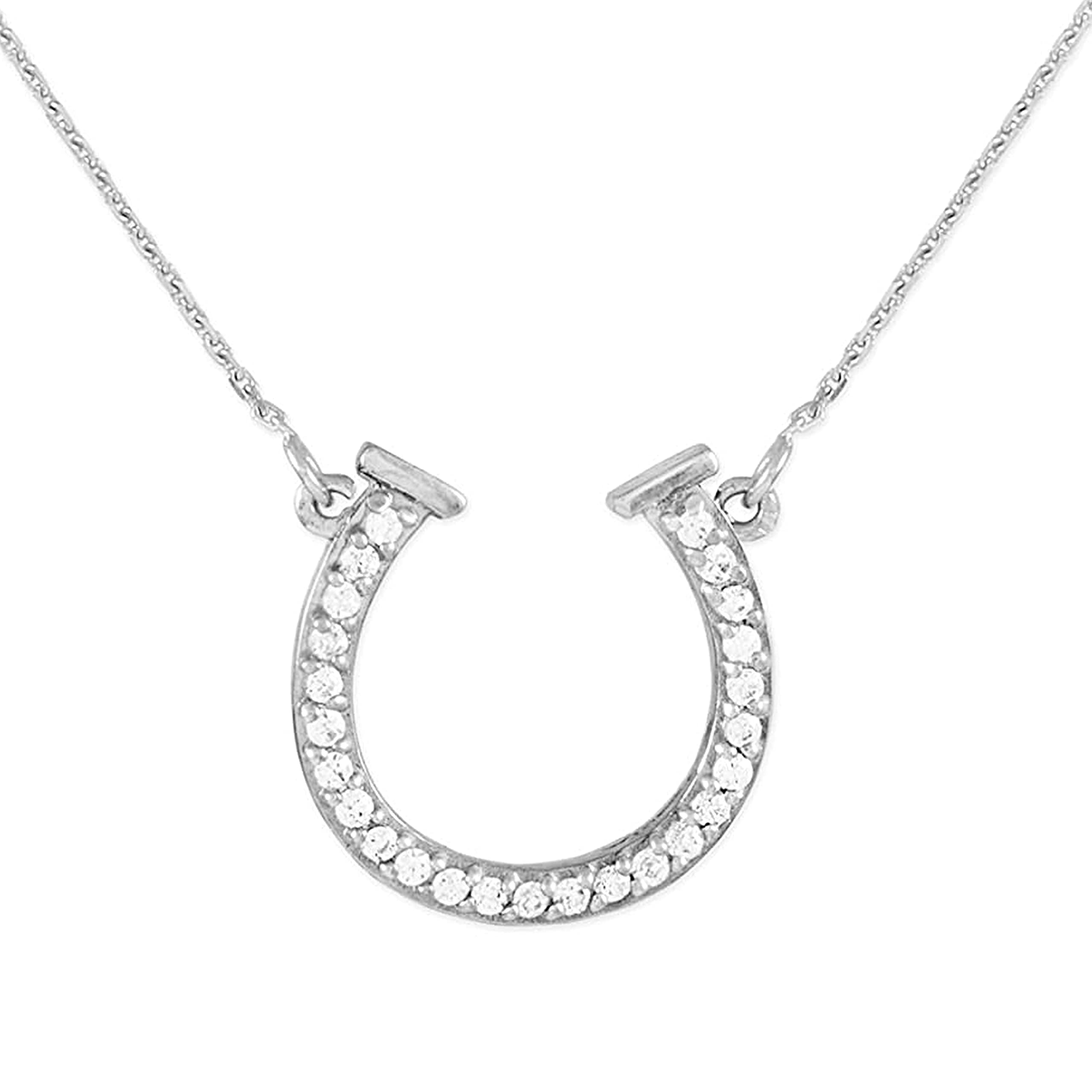 .925 Sterling Silver Cubic Zirconia Lucky Charm Horseshoe Necklace - 16" Rolo Chain