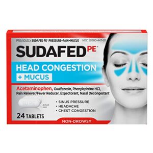 sudafed pe head congestion + mucus relief tablets for sinus pressure, congestion, & headache, non-drowsy decongestant with acetaminophen, guaifenesin & phenylephrine hci, 24 ct